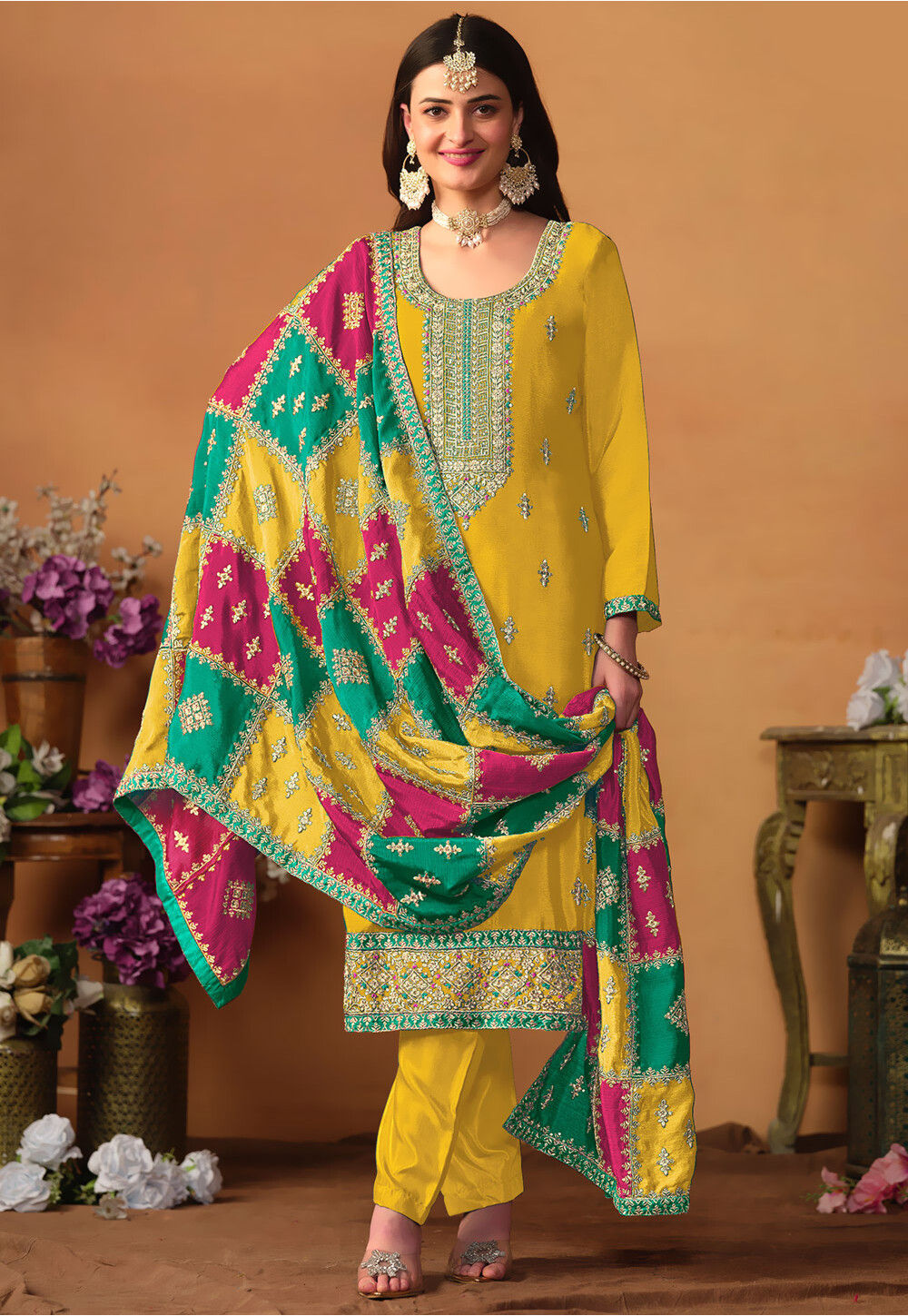 Buy Embroidered Chinon Chiffon Pakistani Suit in Mustard Online ...