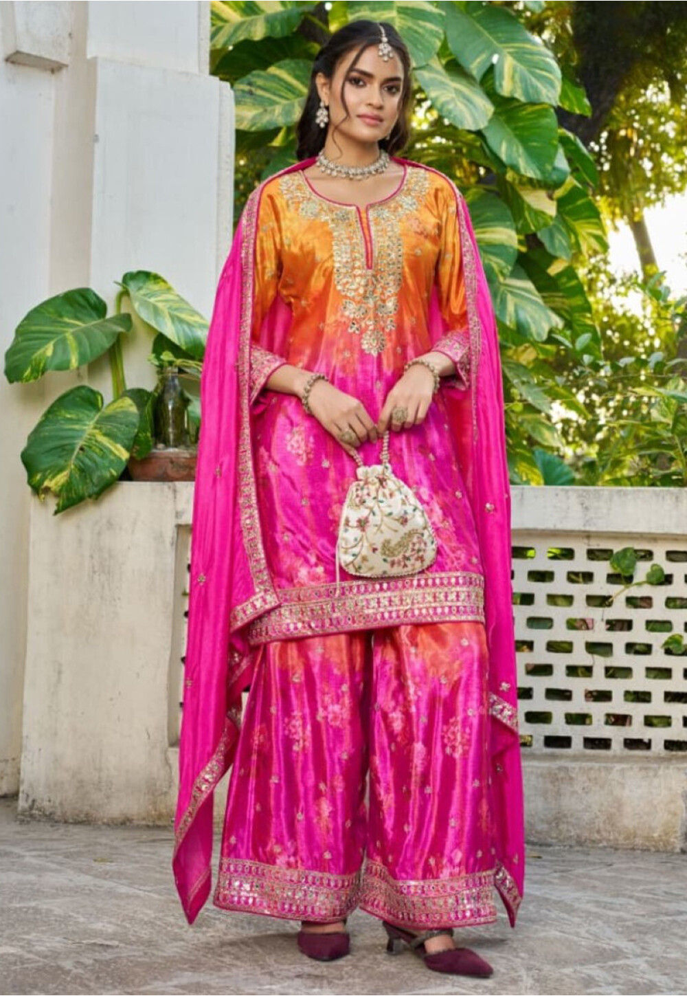 Buy Embroidered Chinon Chiffon Pakistani Suit in Orange and Fuchsia ...
