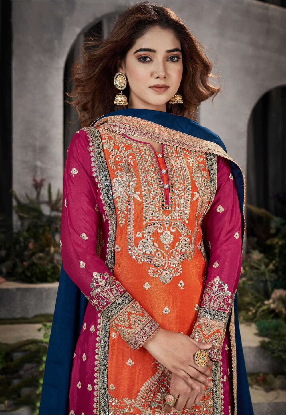 Buy Embroidered Chinon Chiffon Pakistani Suit in Orange and Pink Online ...