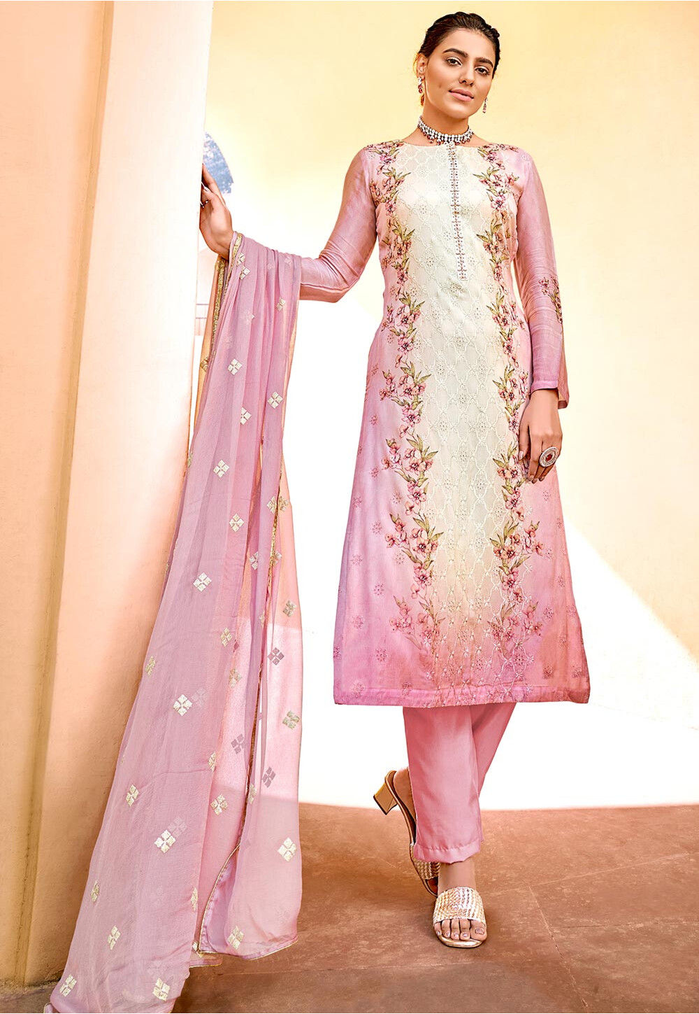 Buy Embroidered Chinon Chiffon Pakistani Suit in Pink Online : KVG521 ...
