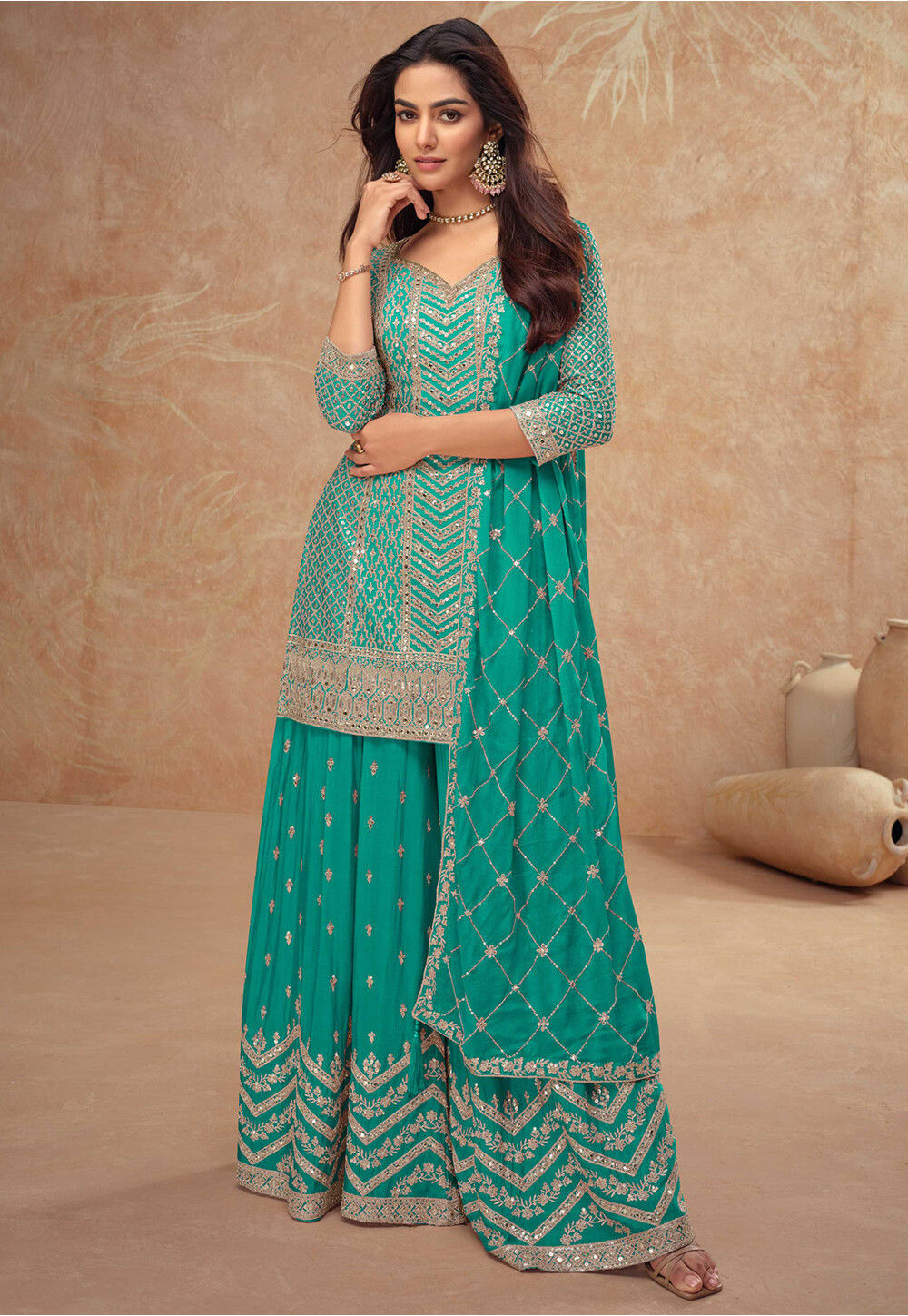 Buy Embroidered Chinon Chiffon Pakistani Suit in Turquoise Online ...