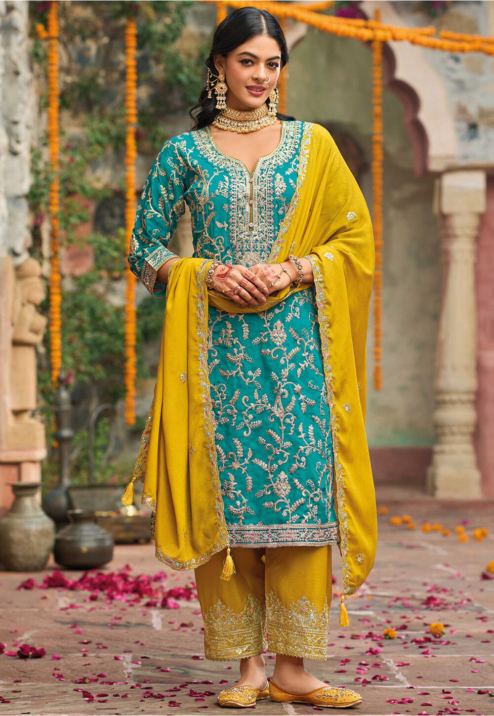 Buy Embroidered Chinon Chiffon Pakistani Suit in Turquoise Online ...