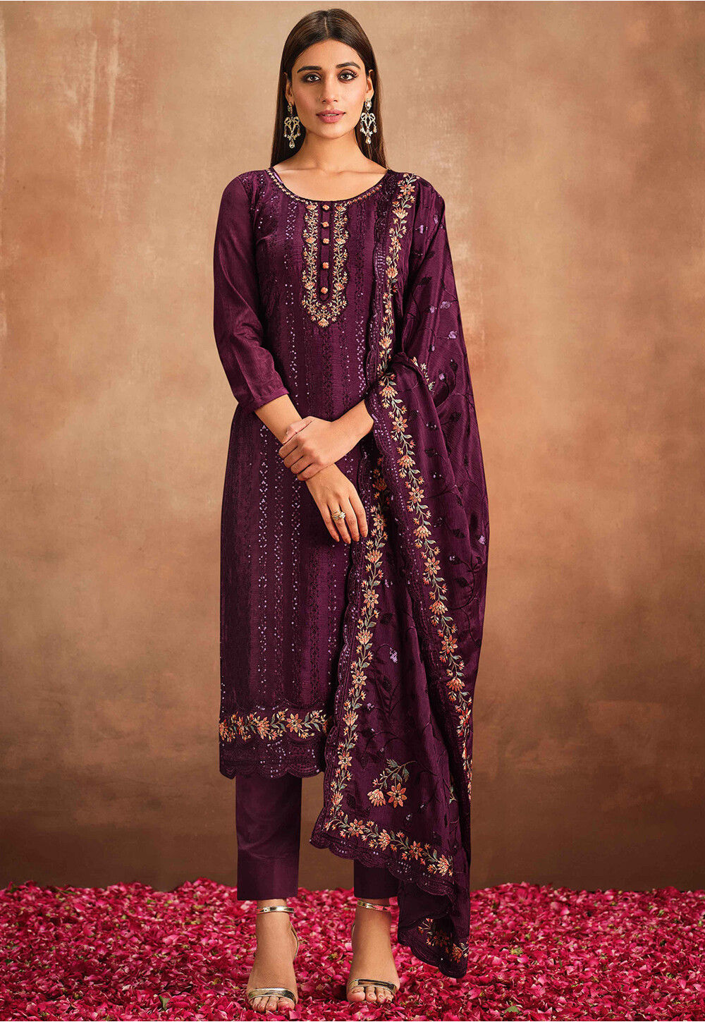 Buy Embroidered Chinon Chiffon Pakistani Suit in Wine Online : KUF16221 ...