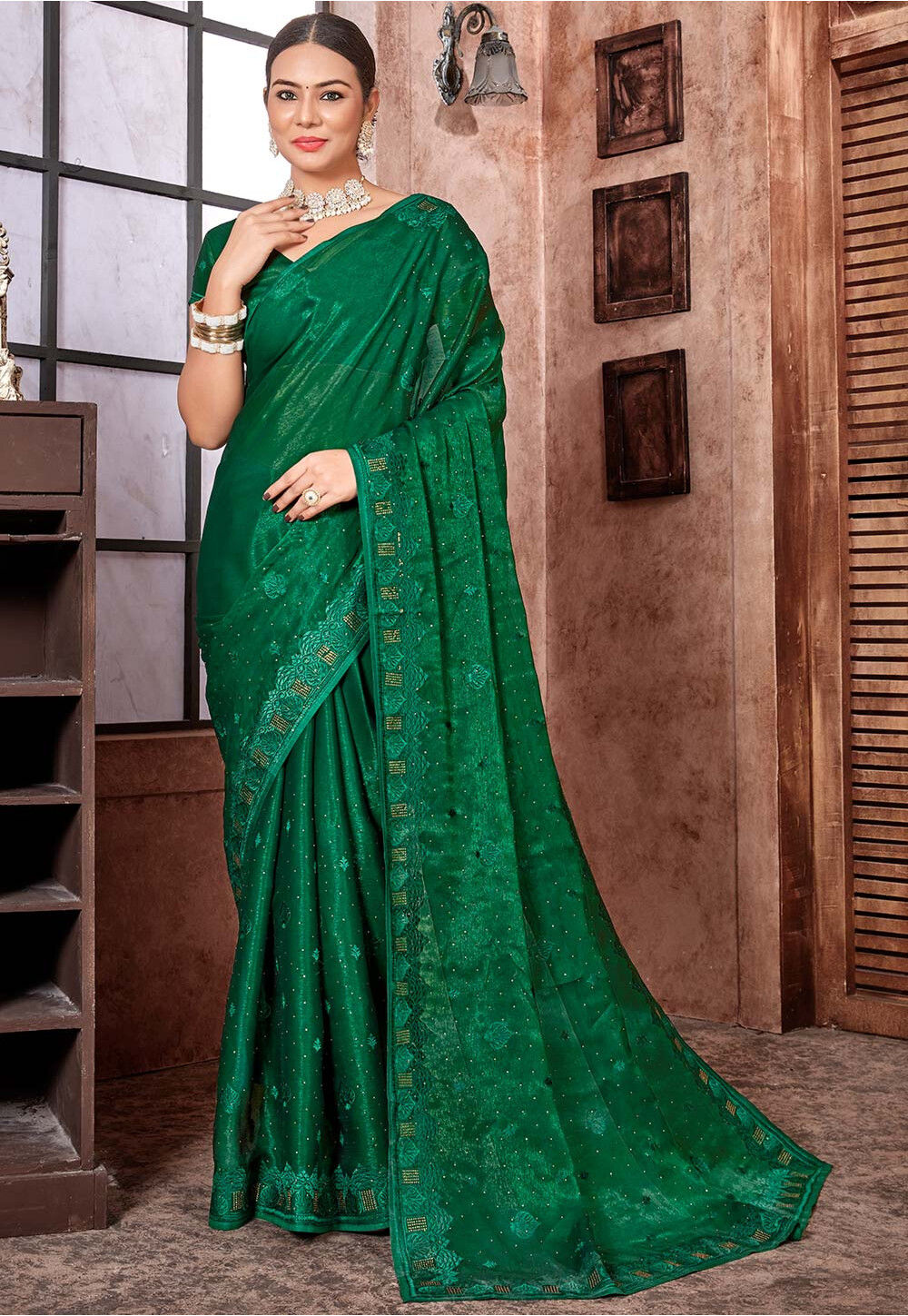 Buy Embroidered Chinon Chiffon Saree in Dark Green Online : STKA527 ...