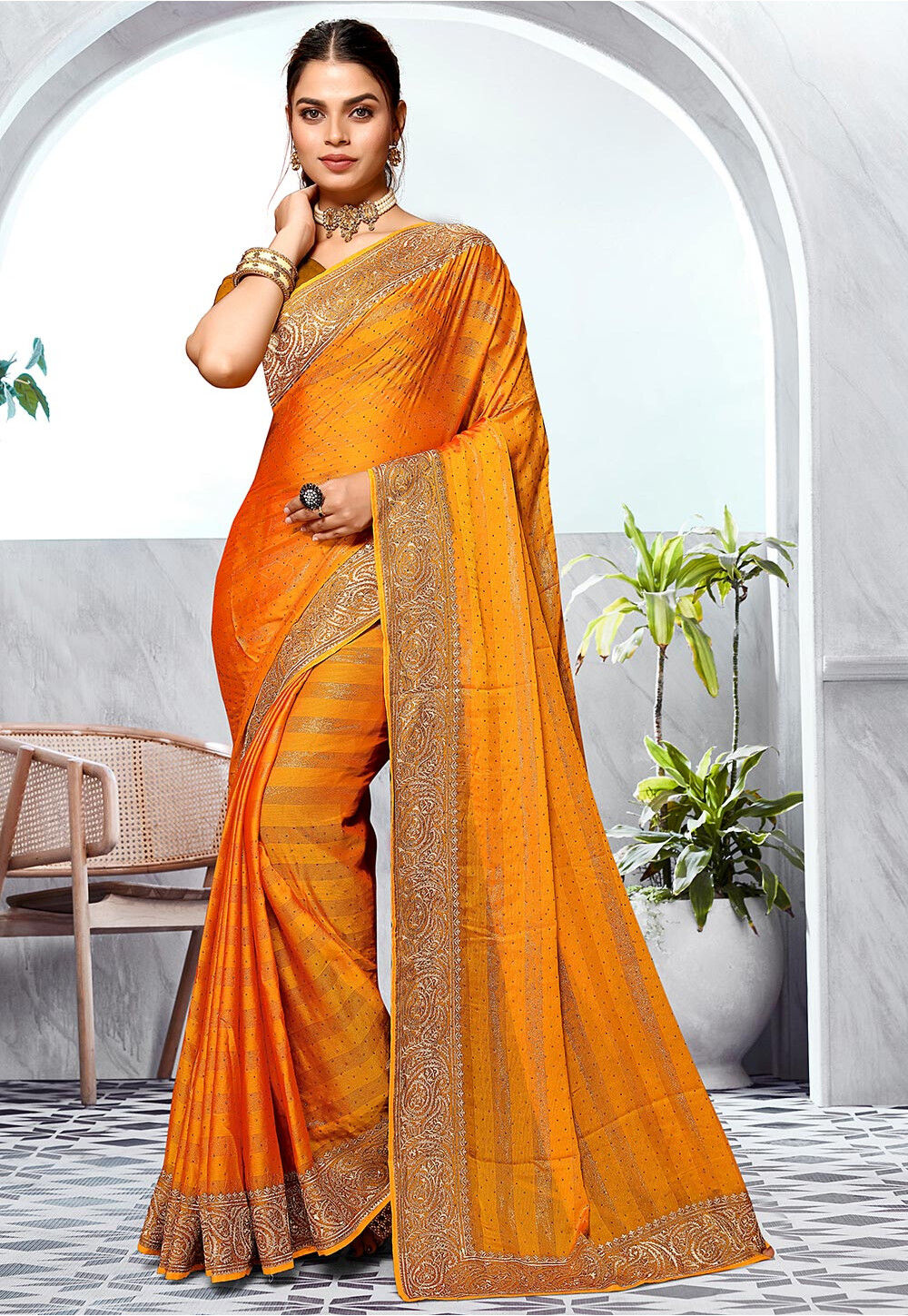 Buy Embroidered Chinon Chiffon Saree in Mustard Online : SCBA5482 ...