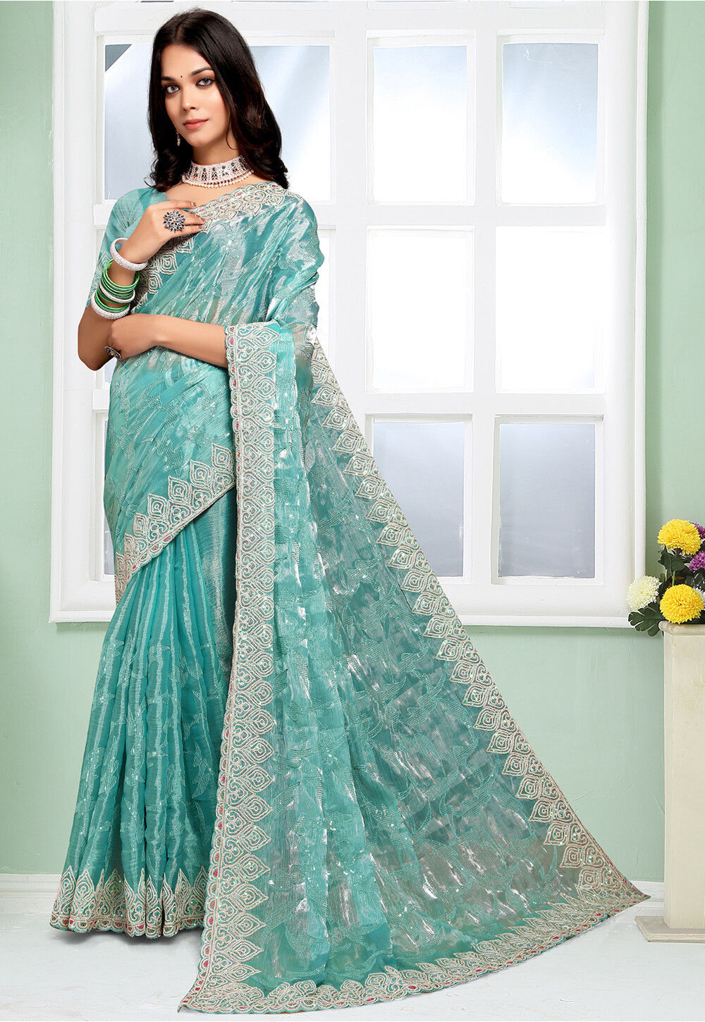 Buy Embroidered Chinon Chiffon Scalloped Saree in Turquoise Online ...