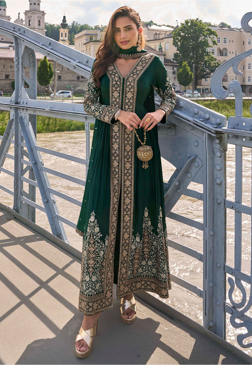 Buy Embroidered Chinon Silk Abaya Style Suit in Dark Green Online ...