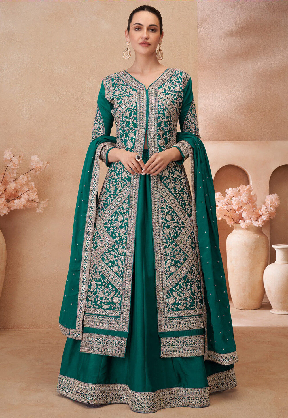 Buy Embroidered Chinon Silk Lehenga in Green Online : LCC3611 - Utsav ...