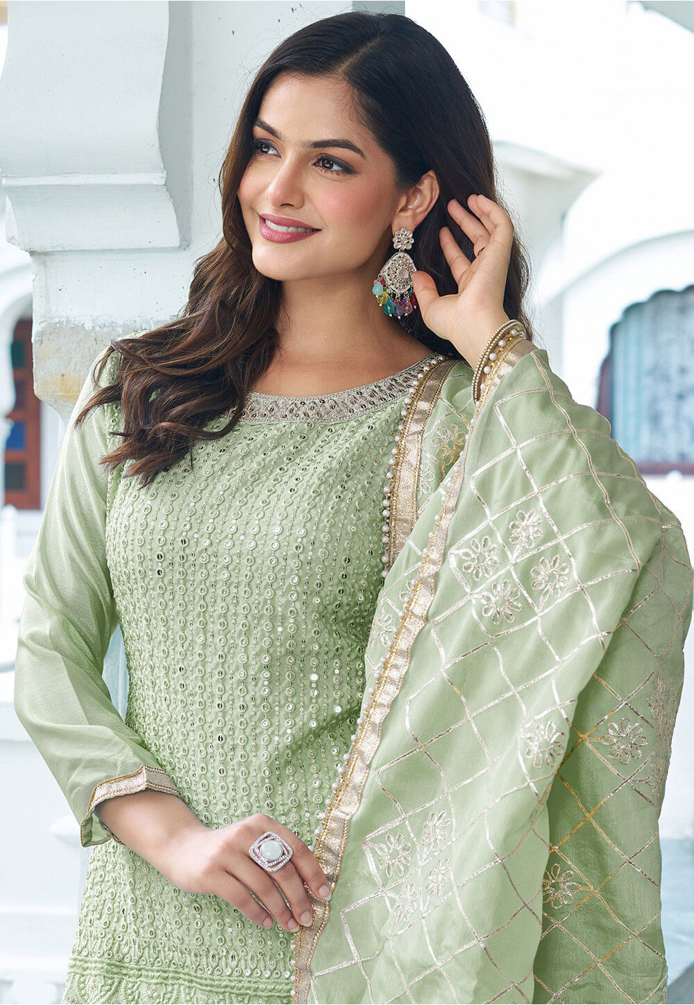 Buy Embroidered Chinon Silk Pakistani Suit in Light Green Online ...