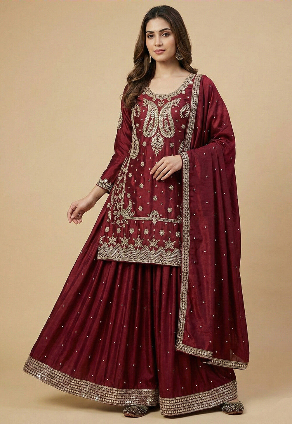 Buy Embroidered Chinon Silk Pakistani Suit in Maroon Online : KBNQ7352 ...
