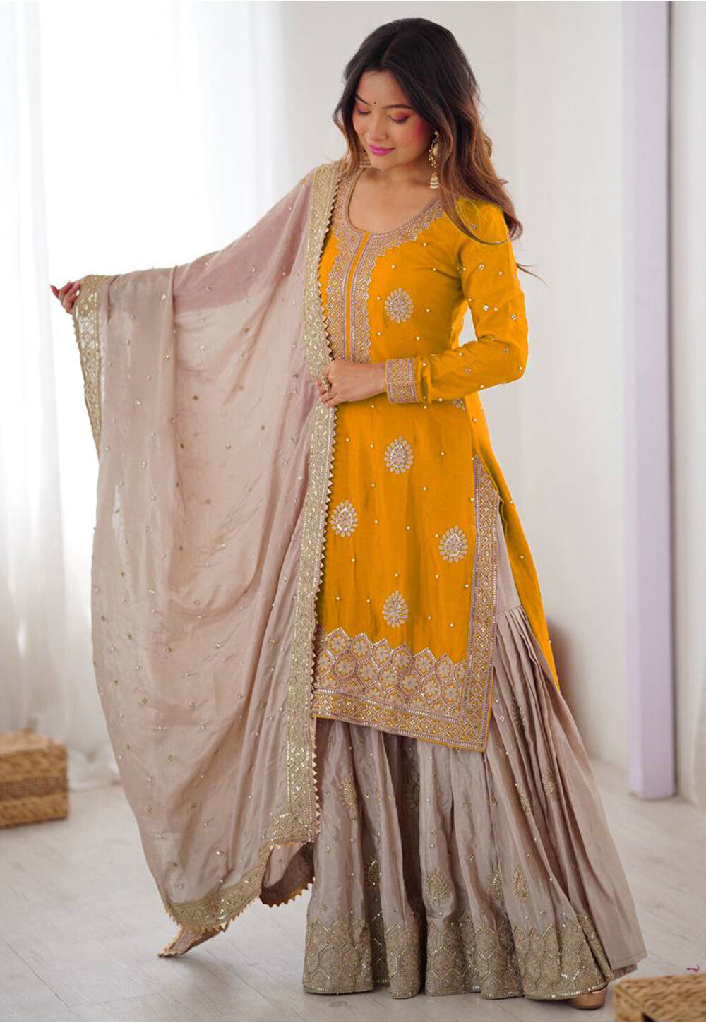 Buy Embroidered Chinon Silk Pakistani Suit in Mustard Online : KJFB232 ...