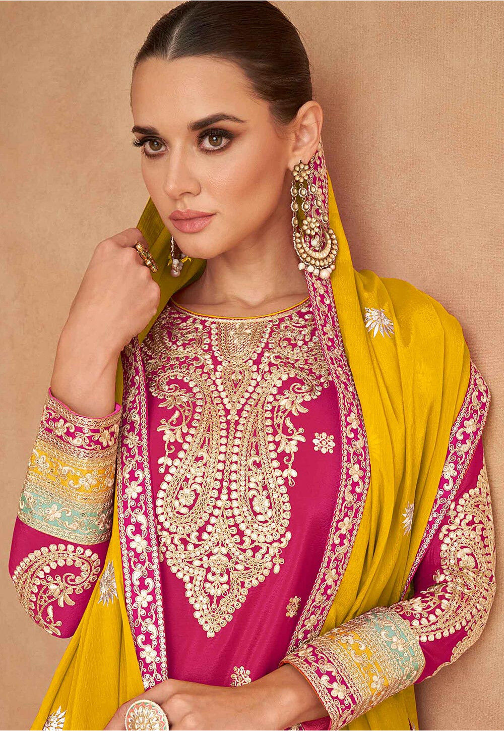 Buy Embroidered Chinon Silk Pakistani Suit in Pink and Yellow Online ...