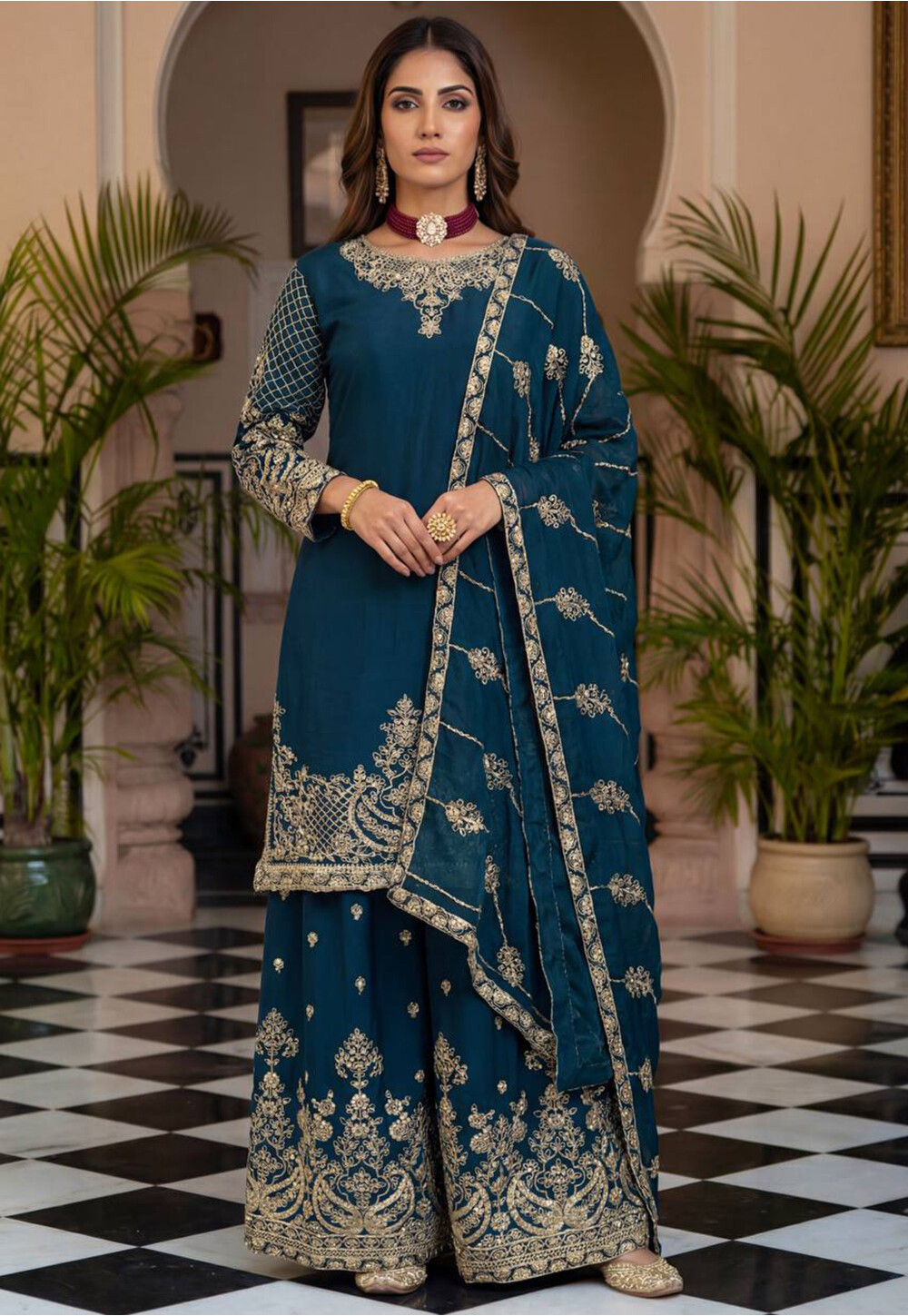 Buy Embroidered Chinon Silk Pakistani Suit in Teal Blue Online ...