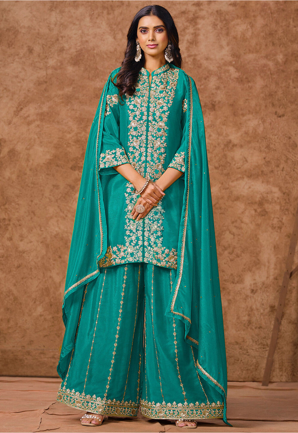 Buy Embroidered Chinon Silk Pakistani Suit in Turquoise Online ...