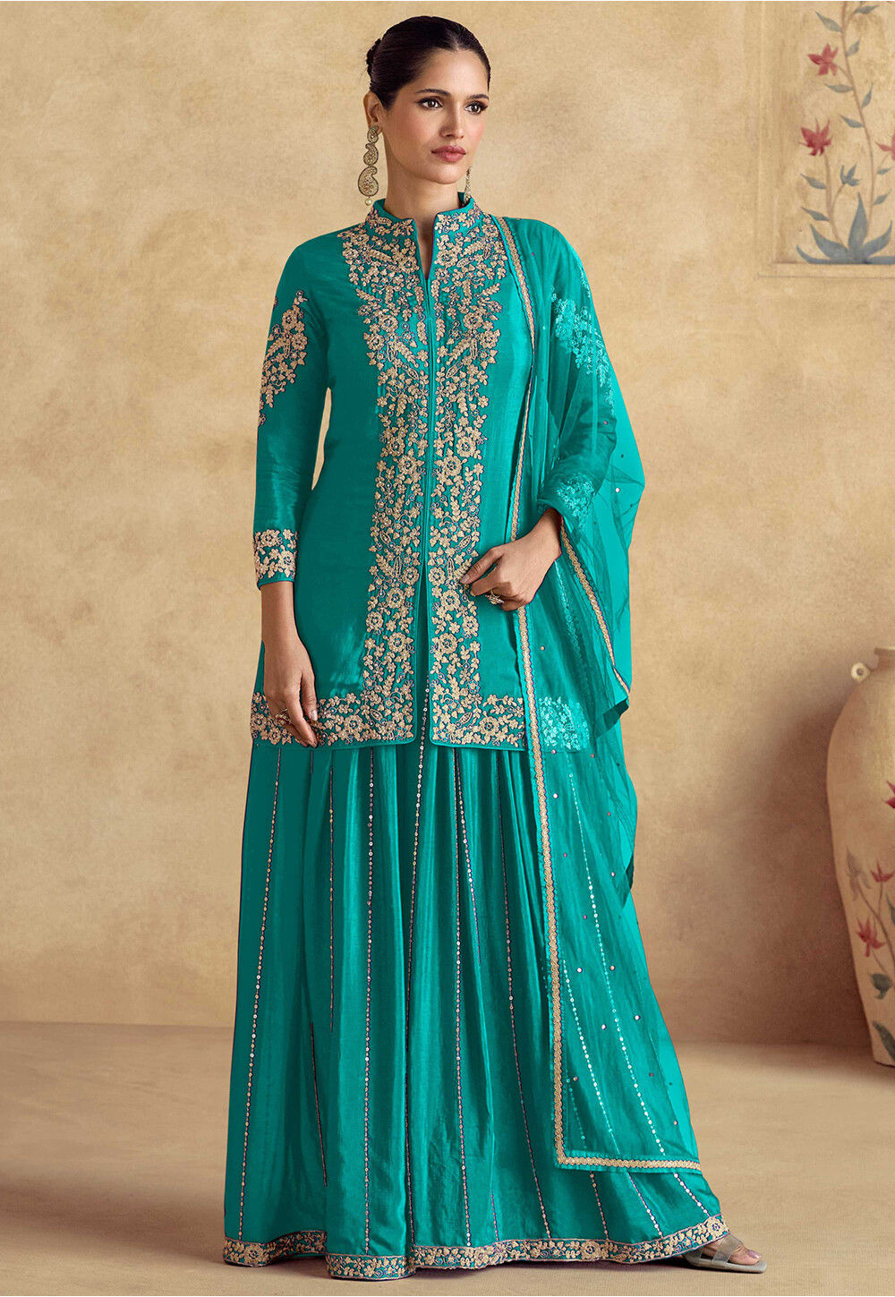 Buy Embroidered Chinon Silk Pakistani Suit in Turquoise Online ...
