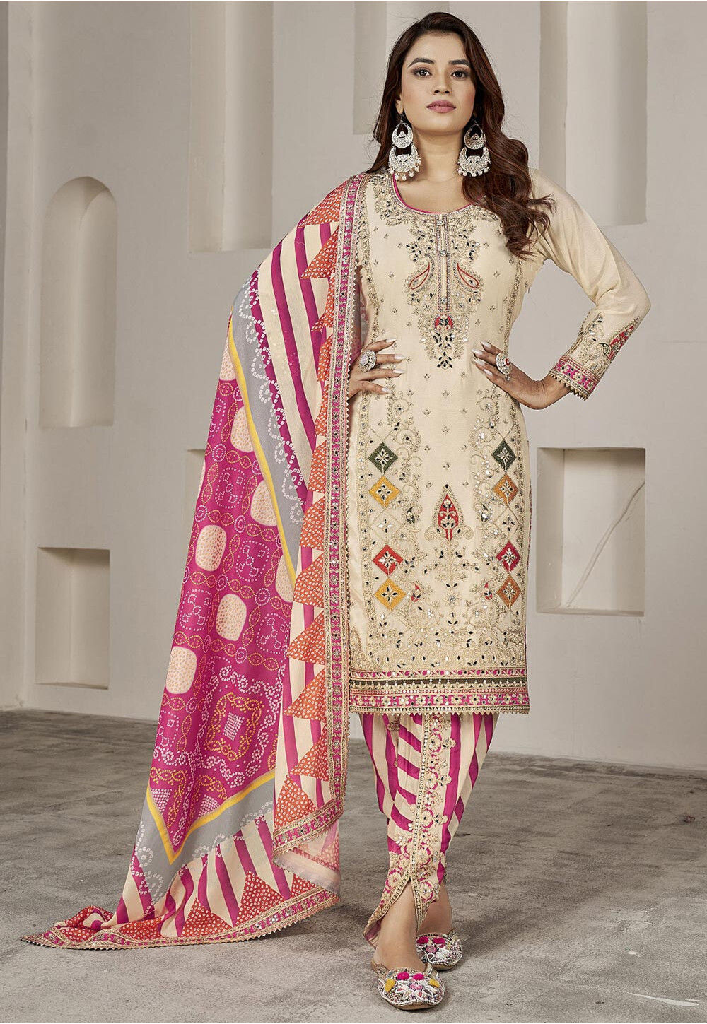 Buy Embroidered Chinon Silk Punjabi Suit in Cream Online : KCH12978 ...