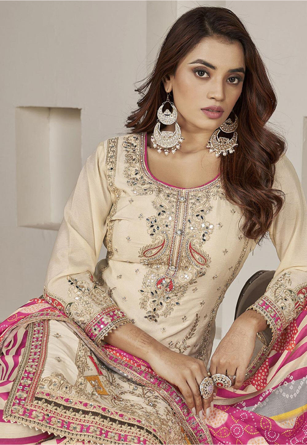 Buy Embroidered Chinon Silk Punjabi Suit in Cream Online : KCH12978 ...