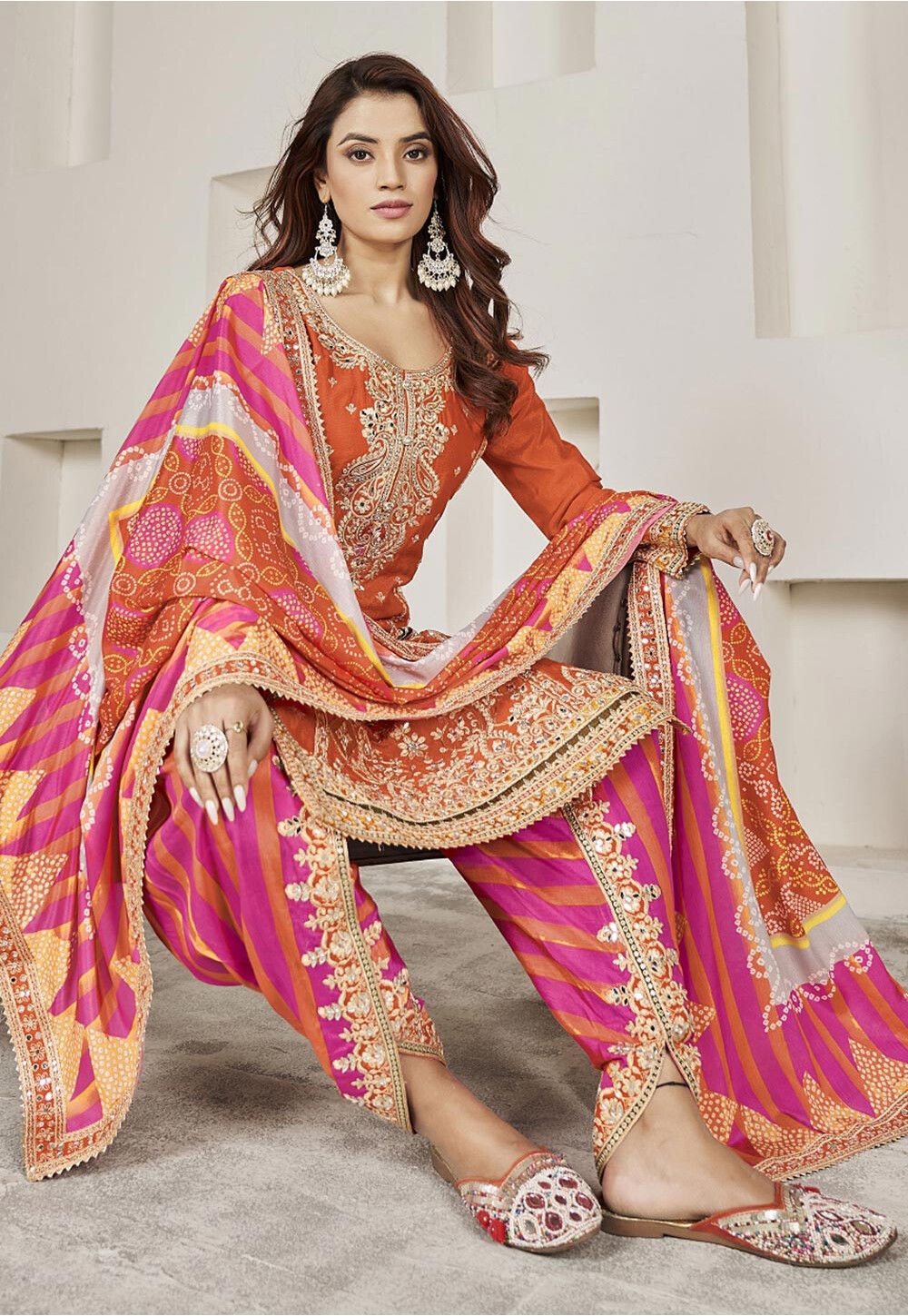 Buy Embroidered Chinon Silk Punjabi Suit in Orange Online : KCH12975 ...