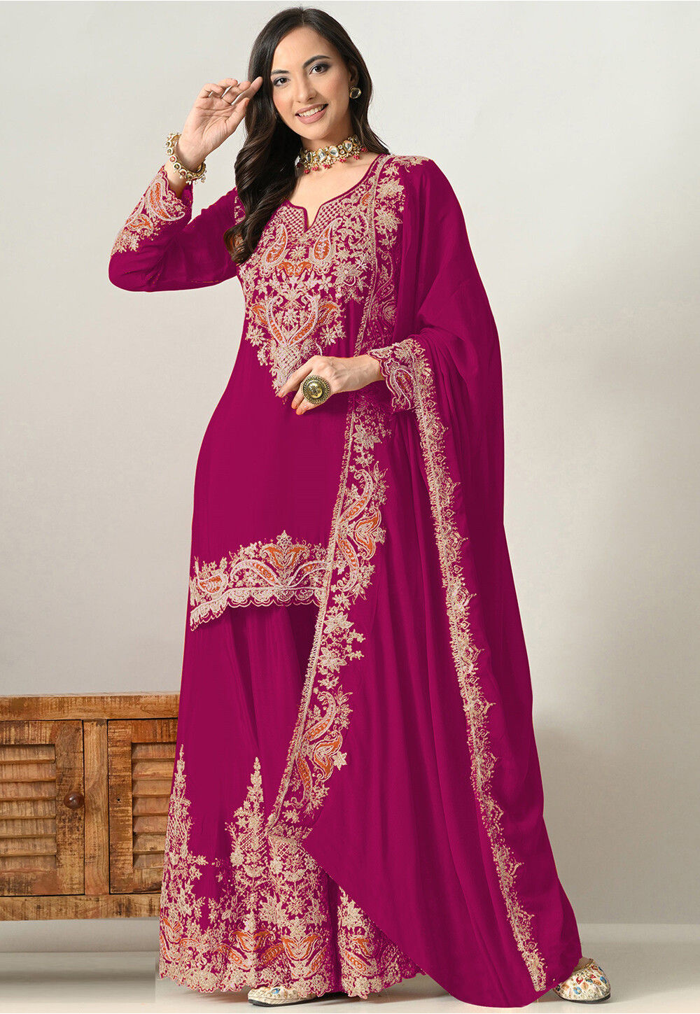 Buy Embroidered Chinon Silk Scalloped Pakistani Suit in Magenta Online ...