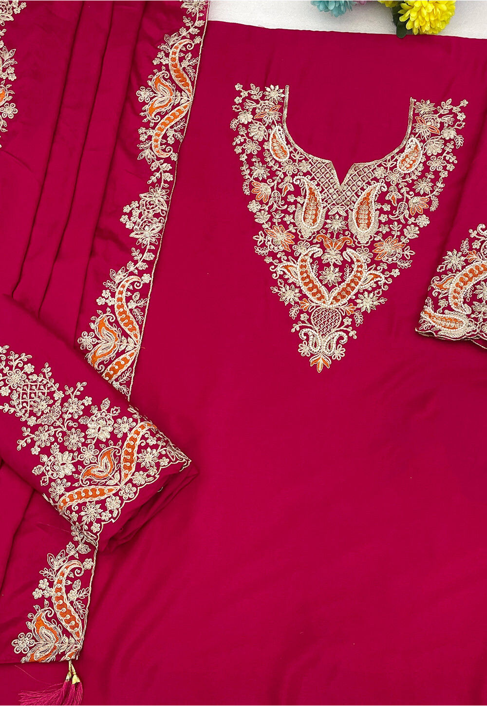Buy Embroidered Chinon Silk Scalloped Pakistani Suit in Magenta Online ...