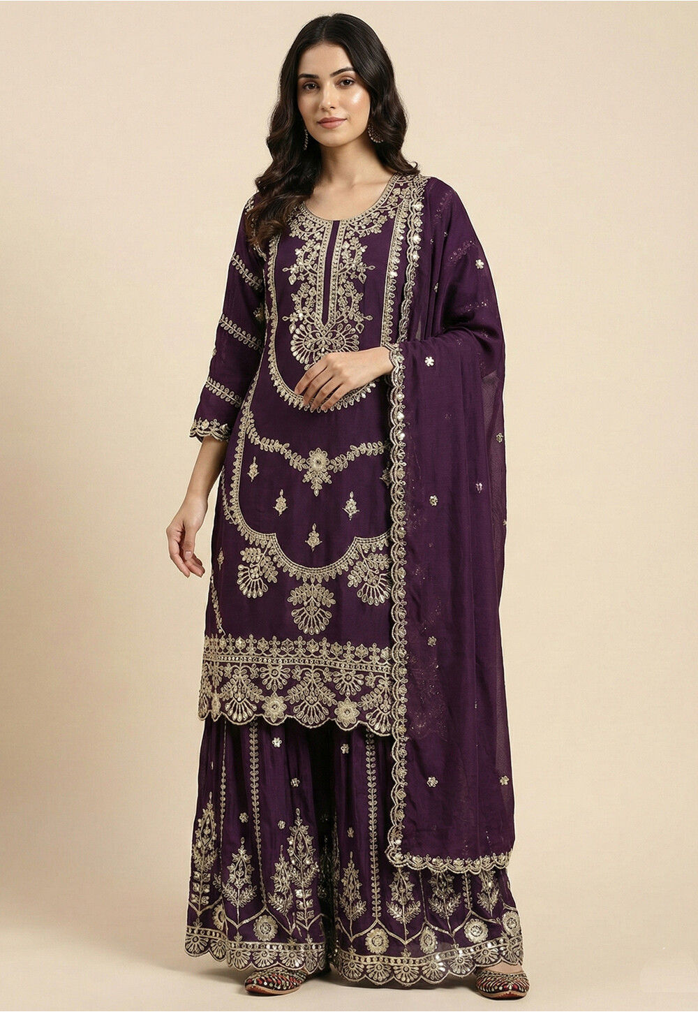 Buy Embroidered Chinon Silk Scalloped Pakistani Suit in Wine Online ...