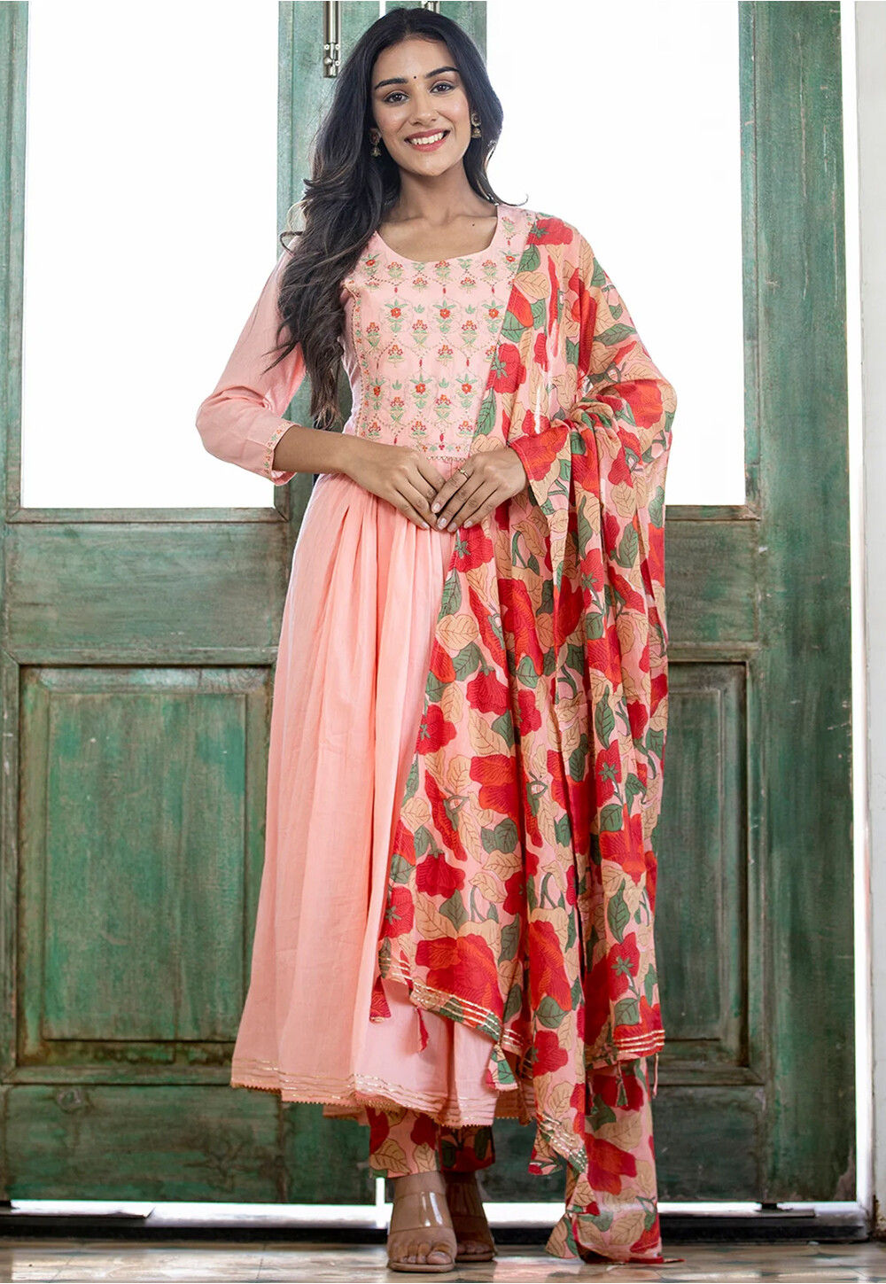 Buy Embroidered Cotton A Line Suit in Peach Online : KBNQ4193 - Utsav ...