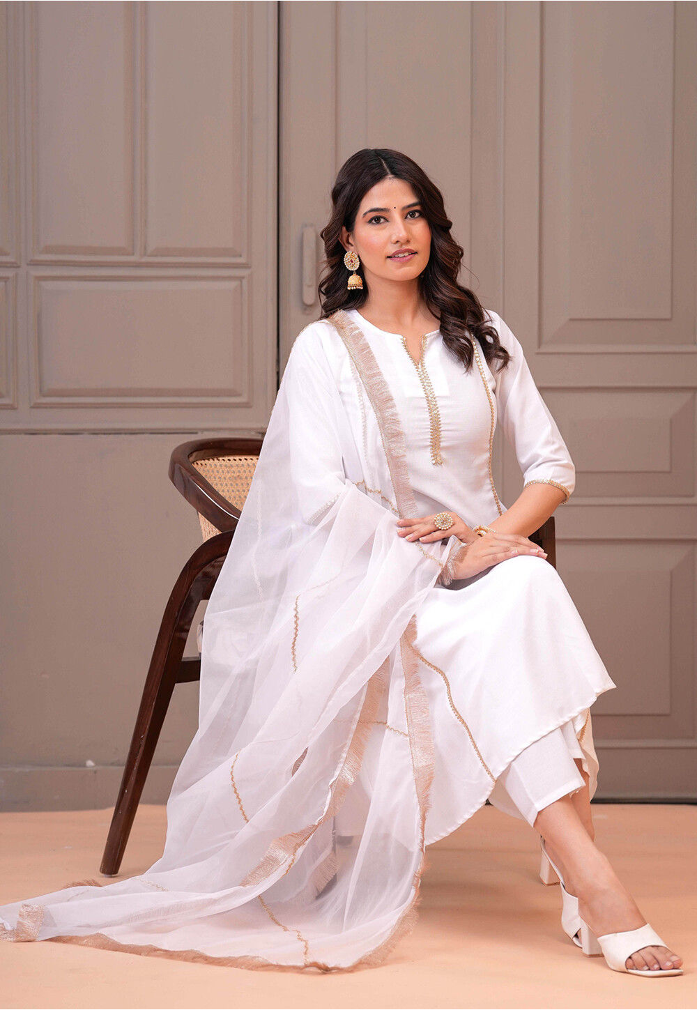 Buy Embroidered Cotton A Line Suit in White Online : KTF1013 - Utsav ...