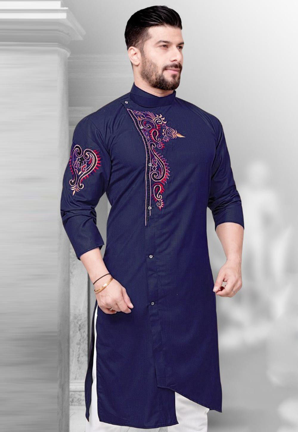 Buy Embroidered Cotton Asymmetric Kurta in Navy Blue Online : MVE1887 ...