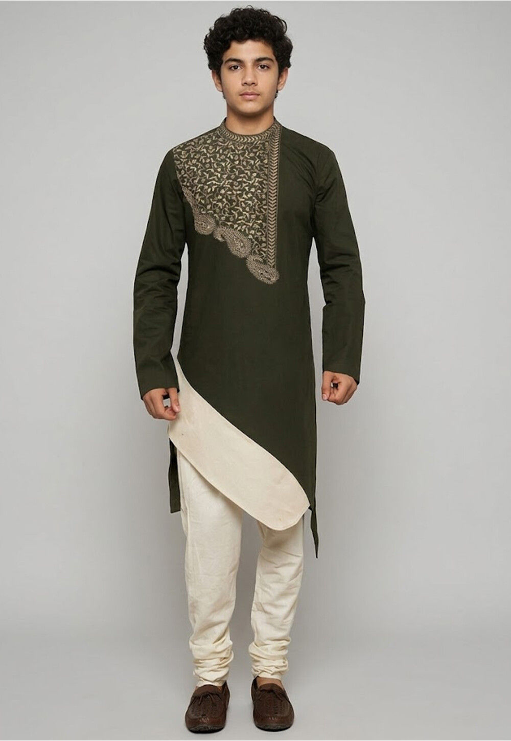 Buy Embroidered Cotton Asymmetric Kurta Set in Olive Green Online ...