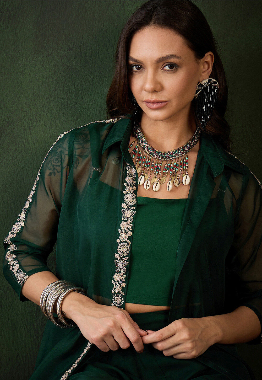 Buy Embroidered Cotton Crop Top Set in Dark Green Online : TBU21 ...