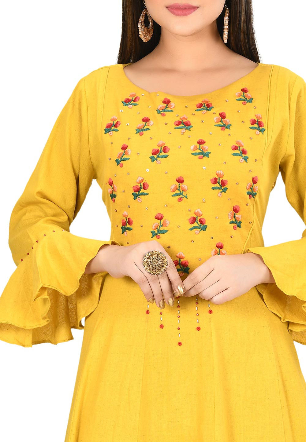 Buy Embroidered Cotton Flex Ruffled Hemline Gown in Yellow Online ...