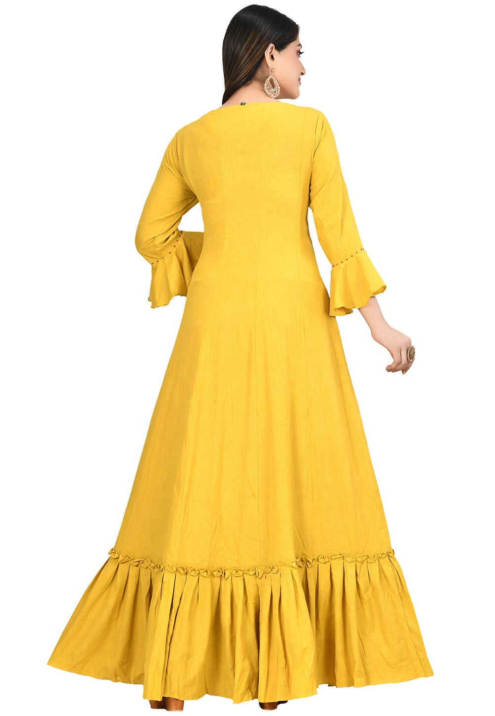 Buy Embroidered Cotton Flex Ruffled Hemline Gown in Yellow Online ...