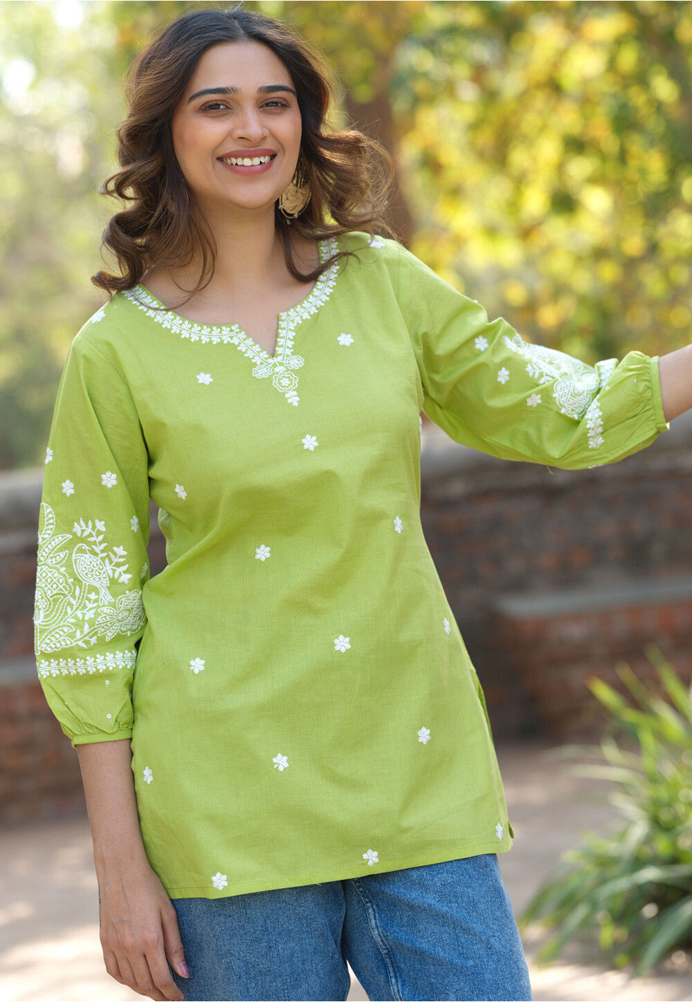 Buy Embroidered Cotton Kurti in Light Green Online : TRX170 - Utsav Fashion