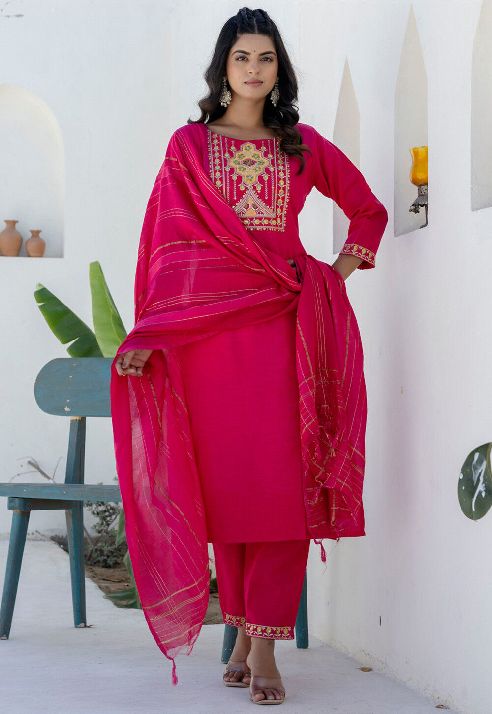 Buy Embroidered Cotton Pakistani Suit in Fuchsia Online : KBNQ6421 ...