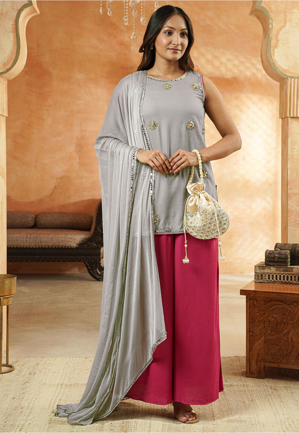 Buy Embroidered Cotton Pakistani Suit in Grey Online : KUFC189 - Utsav ...