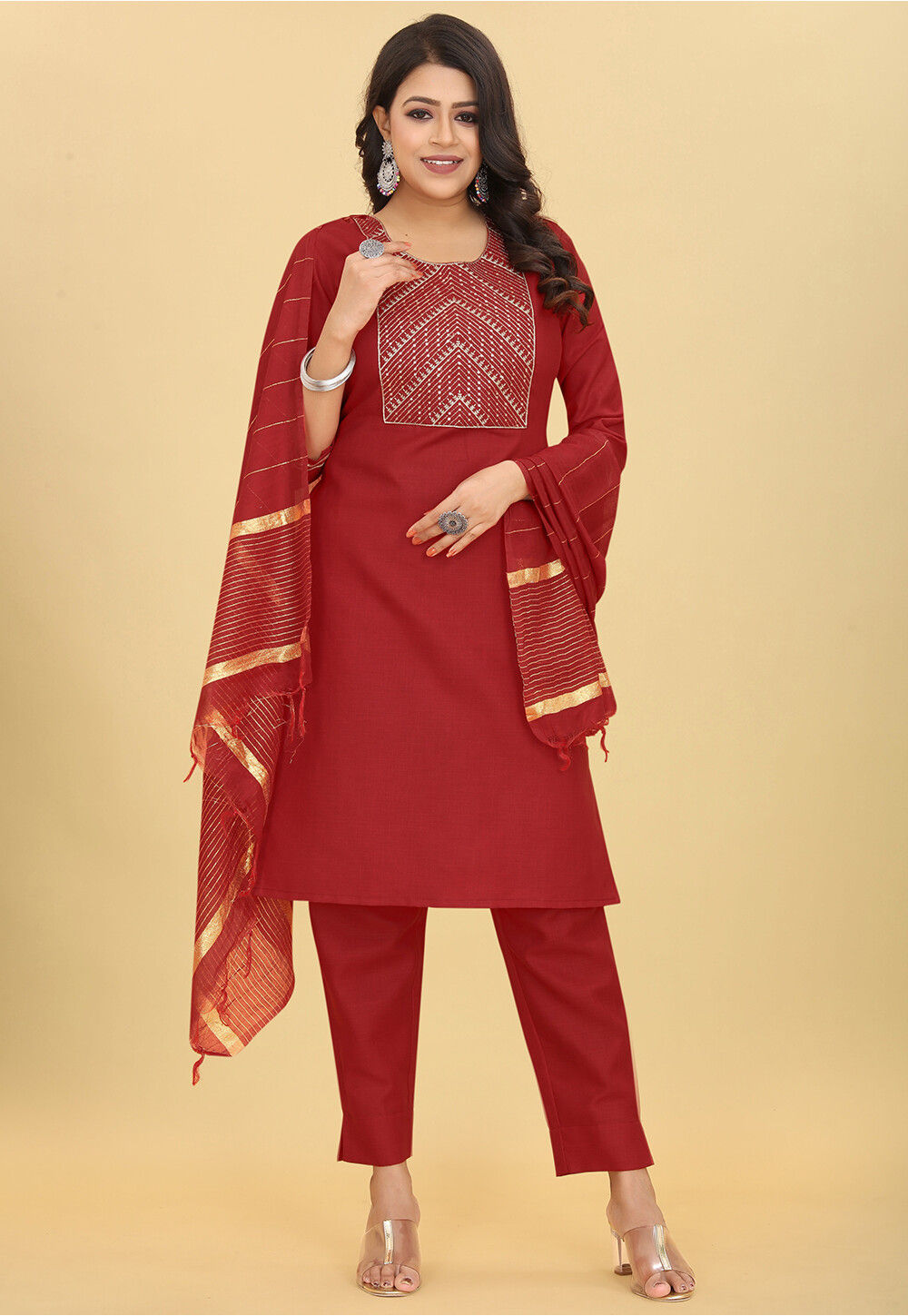 Buy Embroidered Cotton Pakistani Suit in Red Online : KJC4178 - Utsav ...