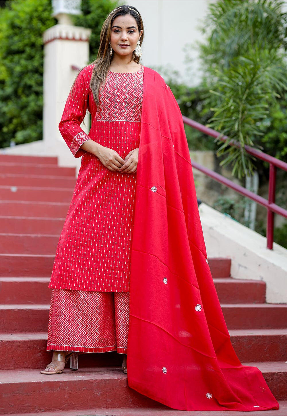 Buy Embroidered Cotton Pakistani Suit in Red Online : KMK601 - Utsav ...