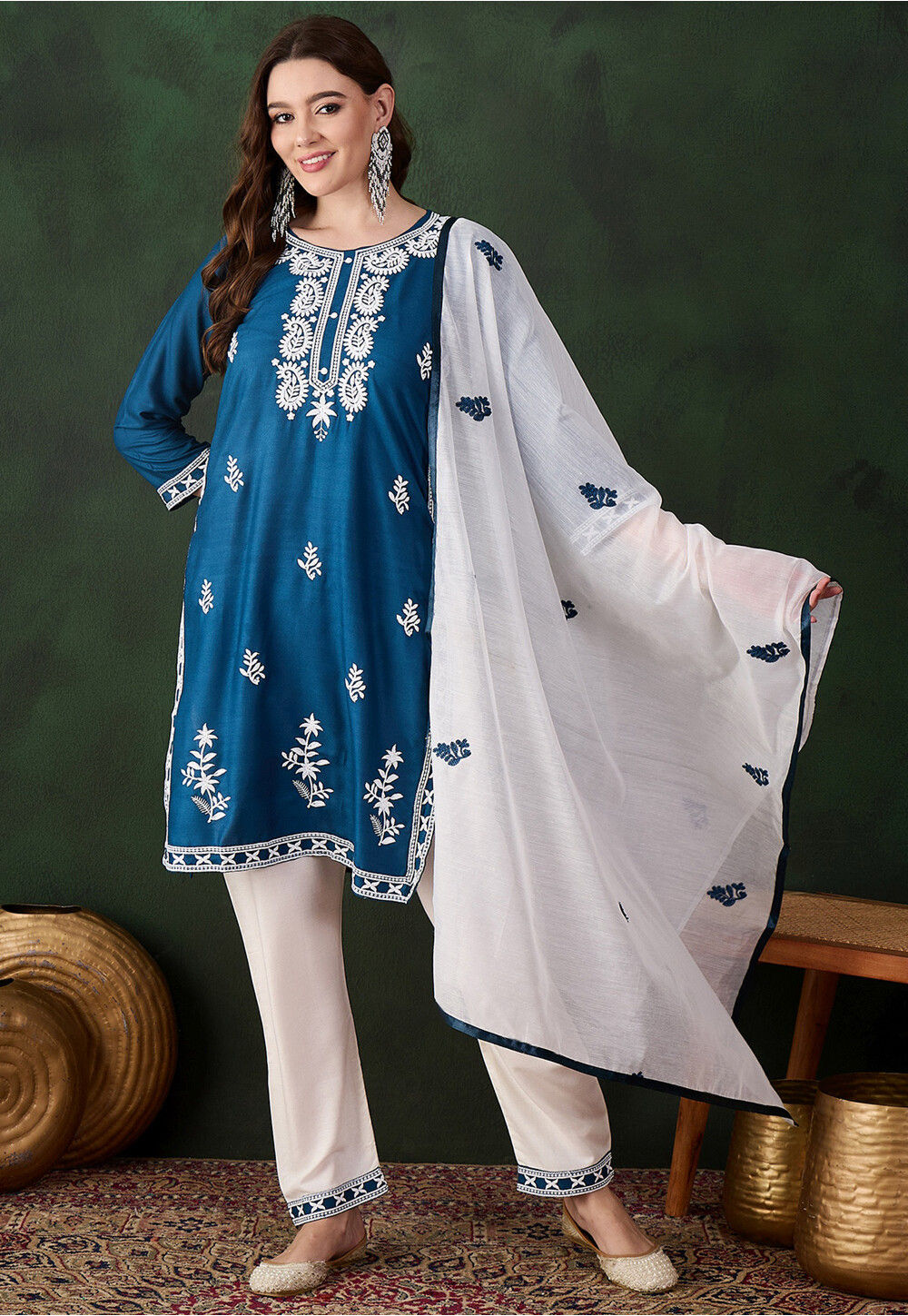 Buy Embroidered Cotton Rayon Pakistani Suit in Teal Blue Online ...