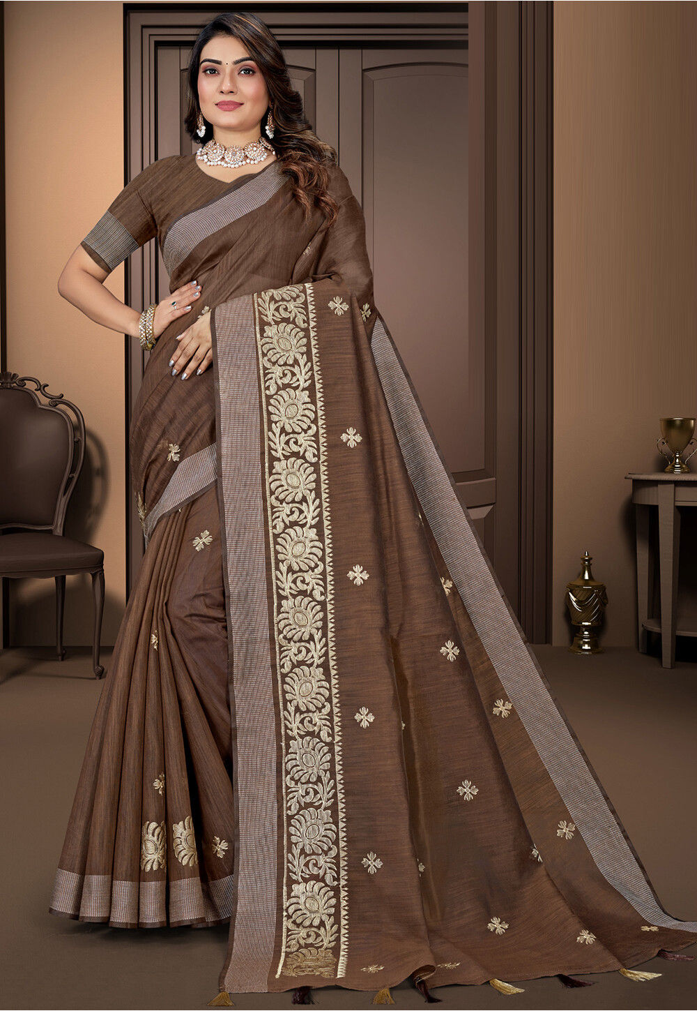 Buy Embroidered Cotton Saree in Brown Online : SMA8517 - Utsav Fashion
