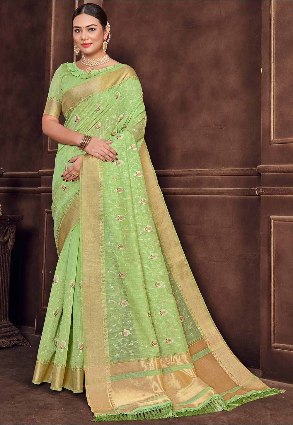 Buy Embroidered Cotton Saree in Light Green Online : STKA533 - Utsav ...