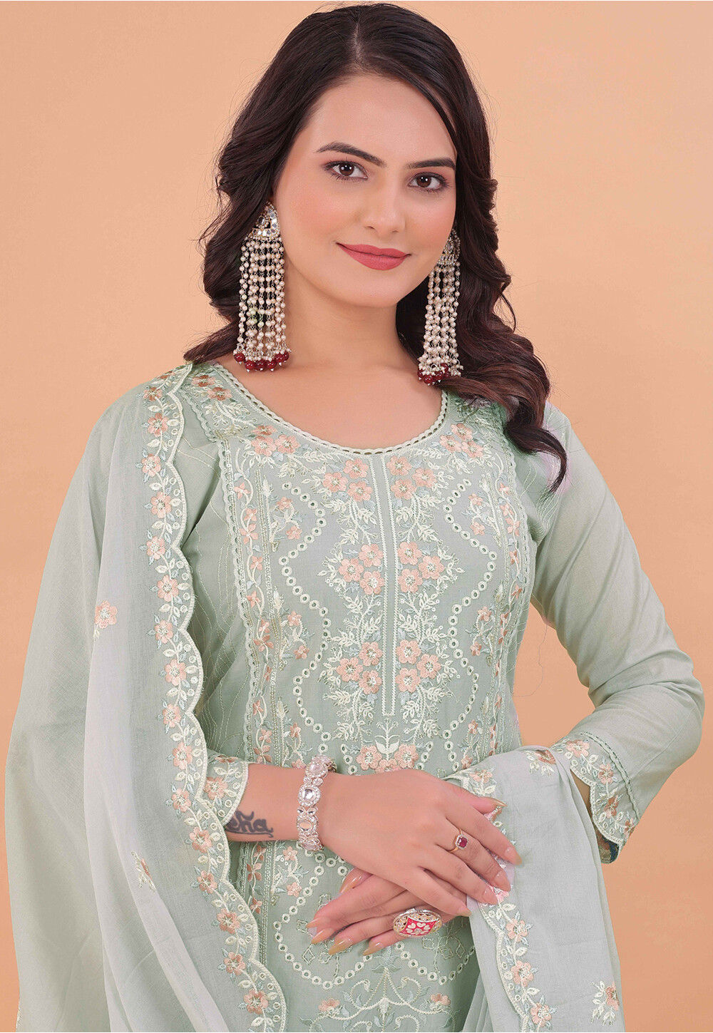 Buy Embroidered Cotton Scalloped Pakistani Suit in Grey Online ...
