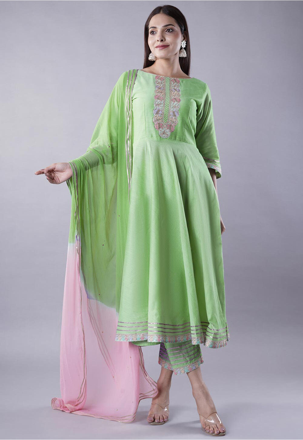 Buy Embroidered Cotton Silk A Line Suit in Light Green Online : KUR404 ...
