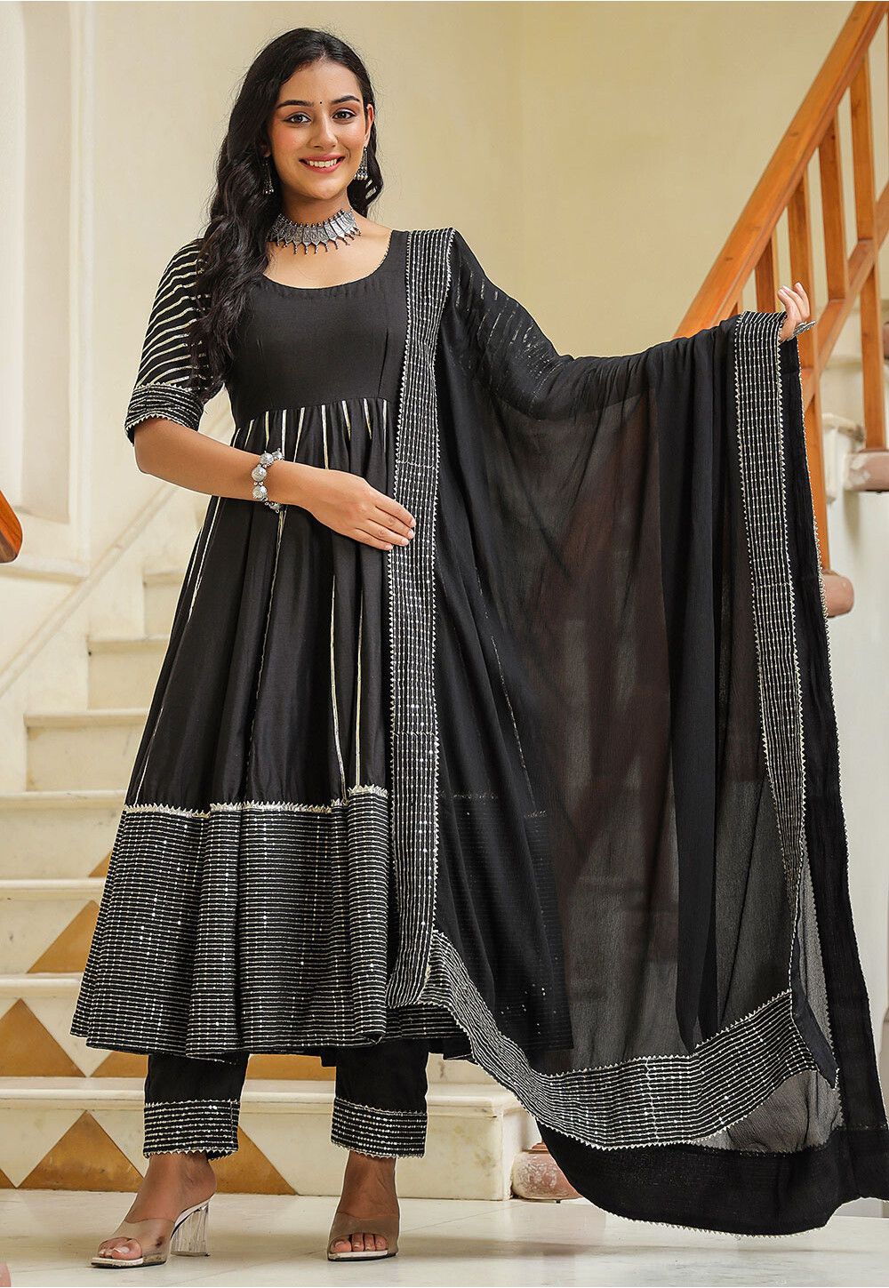 Buy Embroidered Cotton Silk Aline Suit in Black Online : KJW364 - Utsav ...
