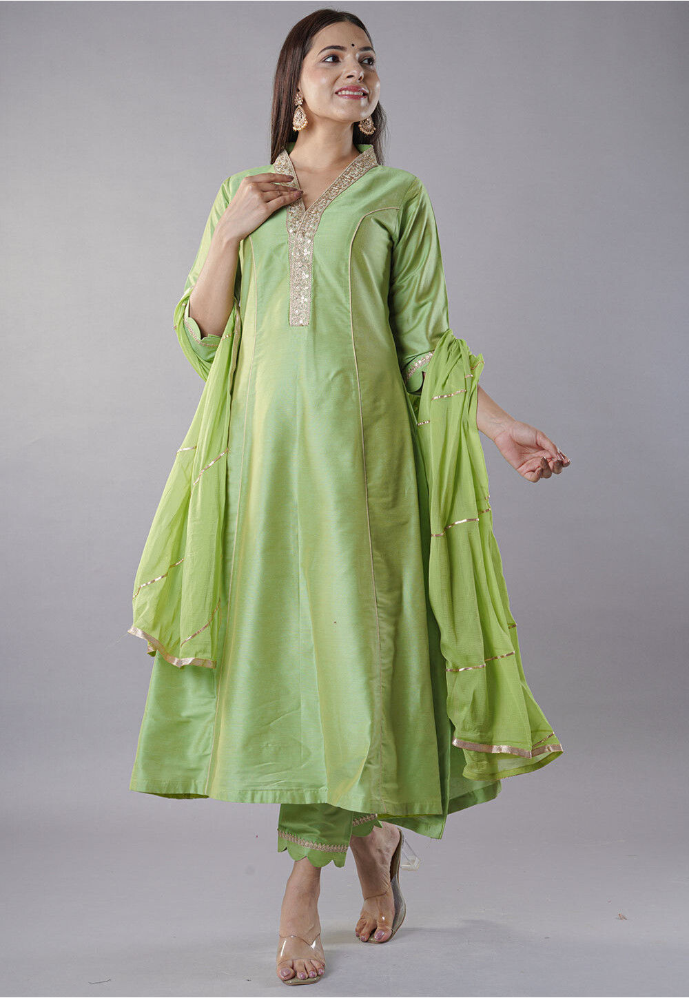 Buy Embroidered Cotton Silk Aline Suit in Green Online : KUR221 - Utsav ...