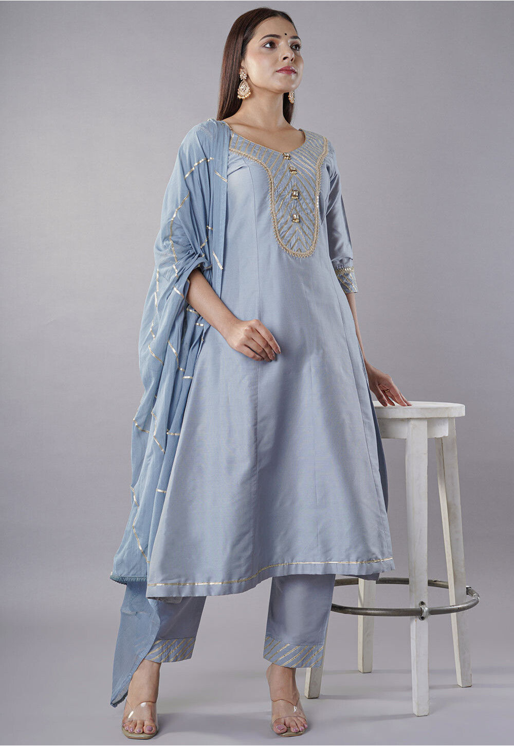 Buy Embroidered Cotton Silk Aline Suit in Grey Online : KUR210 - Utsav ...