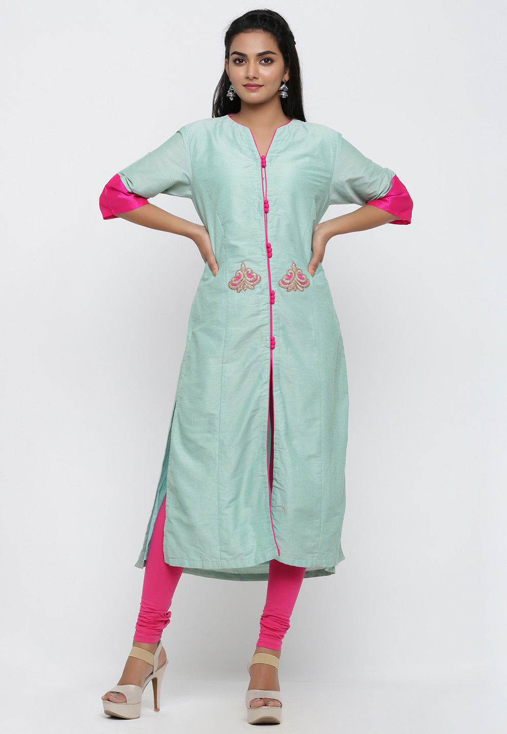 Buy Embroidered Cotton Silk Front Slit Kurta in Sea Green Online ...