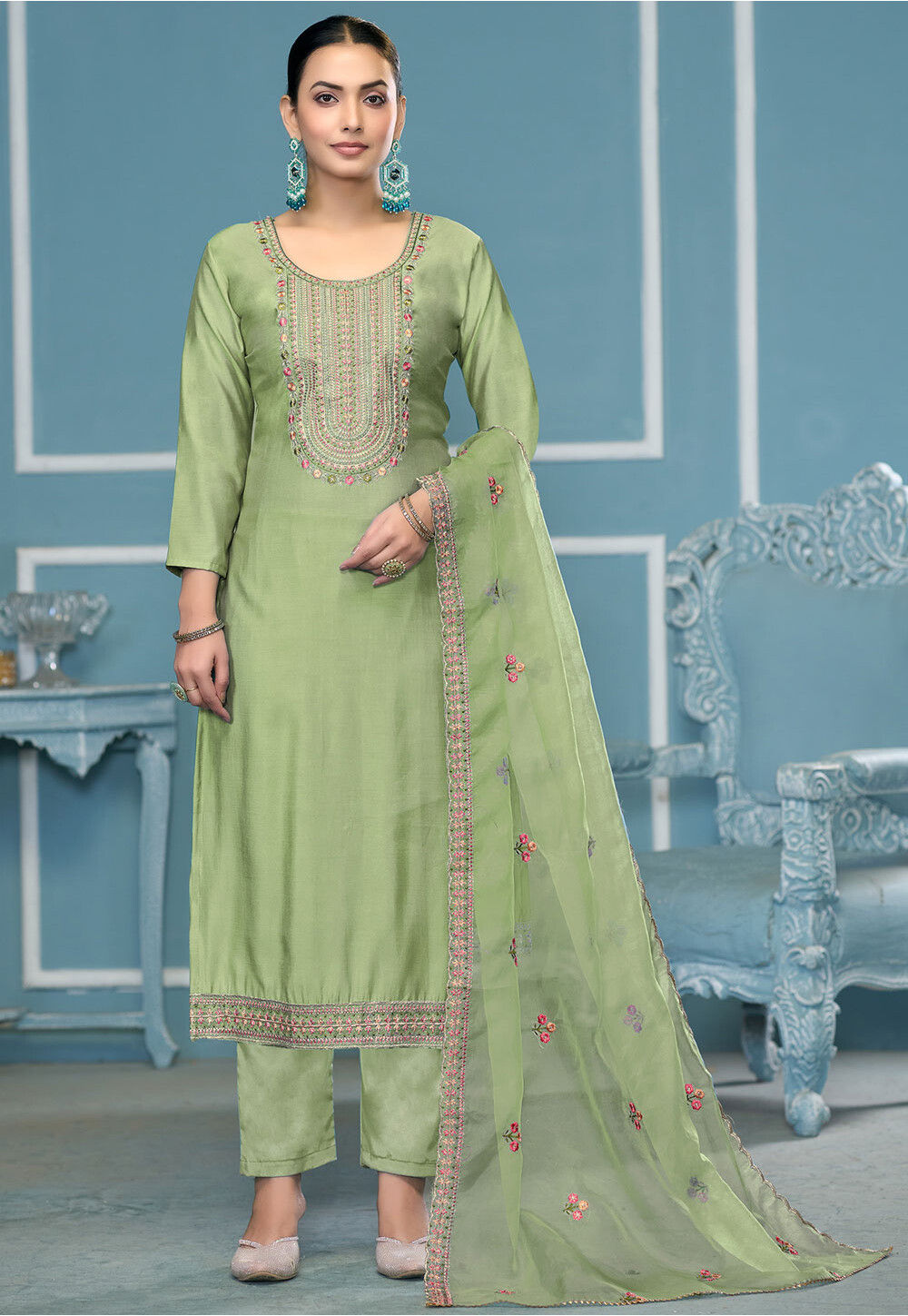Buy Embroidered Cotton Silk Pakistani Suit in Light Green Online ...