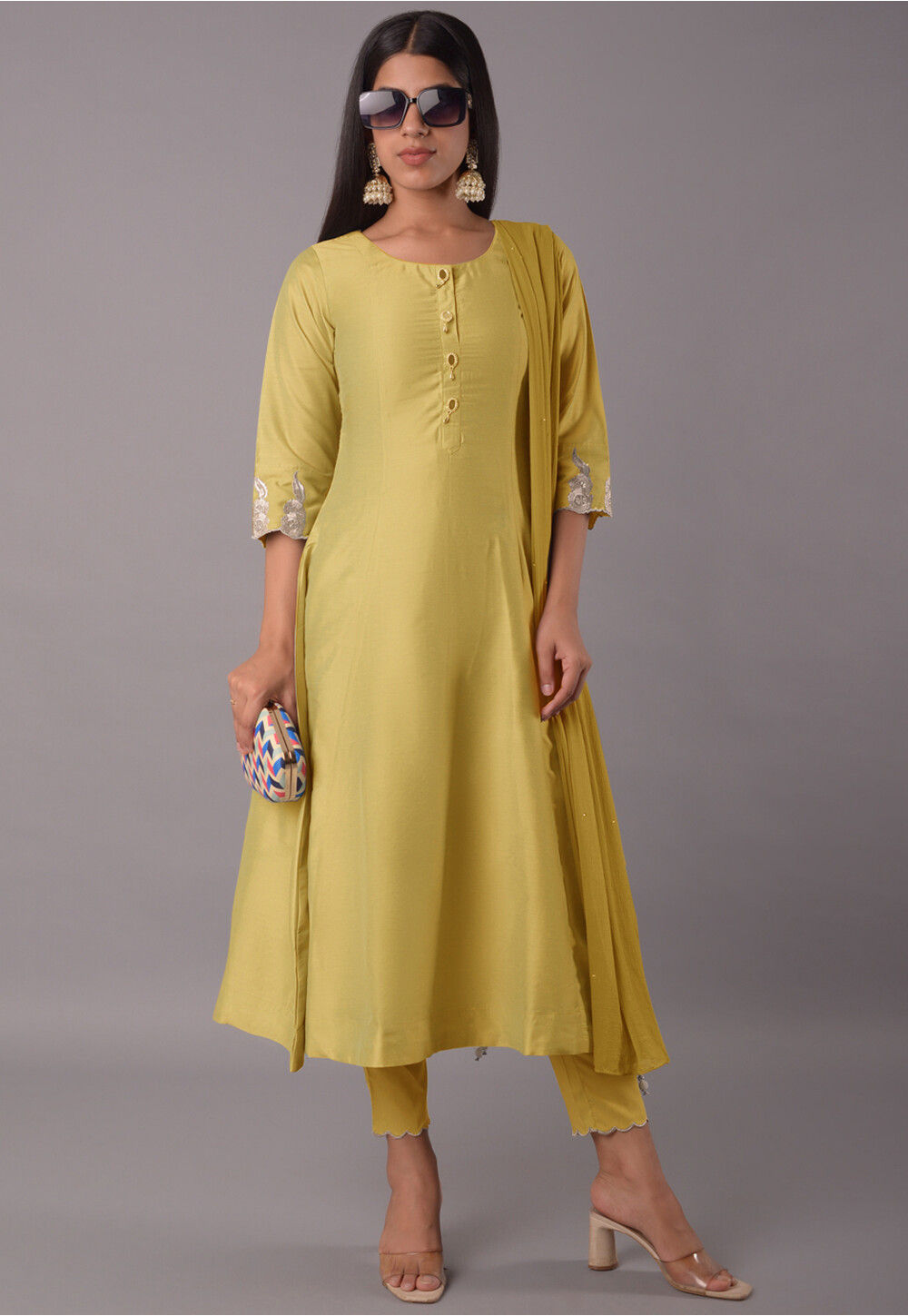 Embroidered Cotton Silk Pakistani Suit in Mustard : KUR69