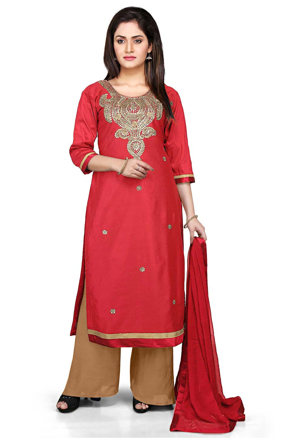 Buy Embroidered Cotton Silk Pakistani Suit in Red Online : KJN4393 ...
