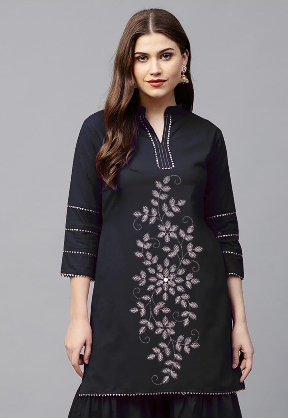 Buy Embroidered Cotton Silk Straight Kurta in Black Online : TVE1590 ...